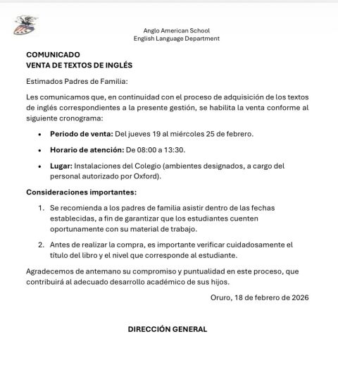 COMUNICADO TEXTOS DE INGLES - Anglo American School - Oruro